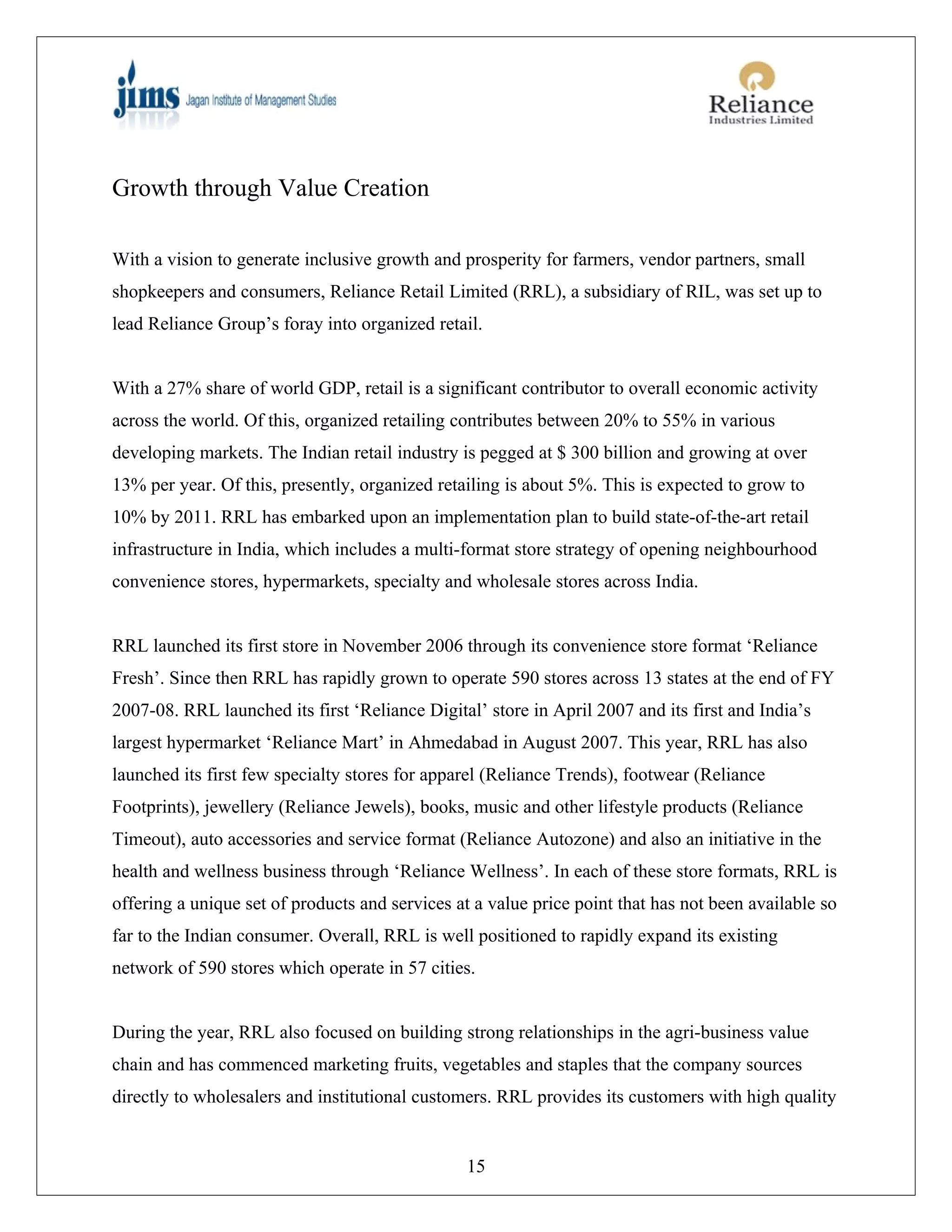 PROJECT ON RELIANCE RETAIL | DOC