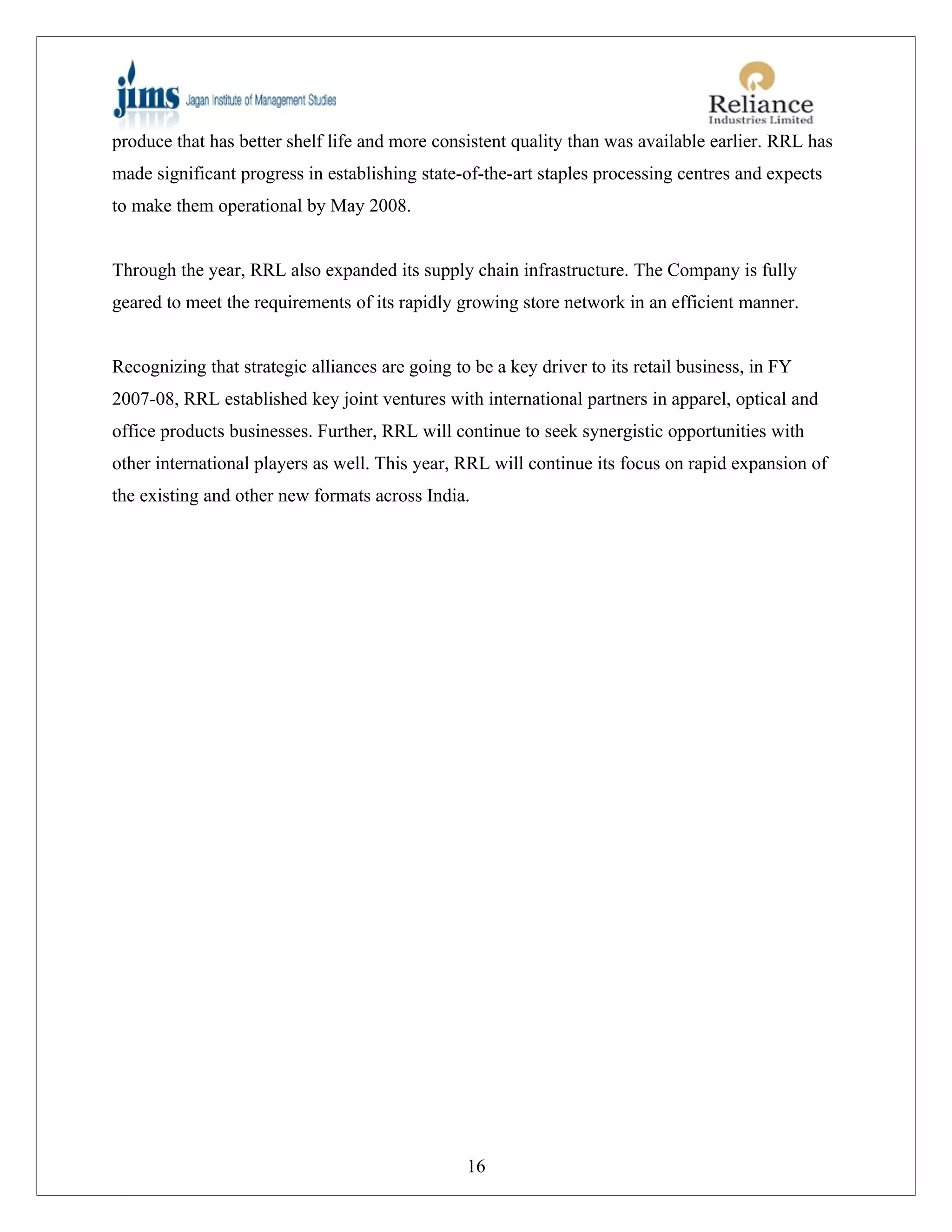 PROJECT ON RELIANCE RETAIL | DOC