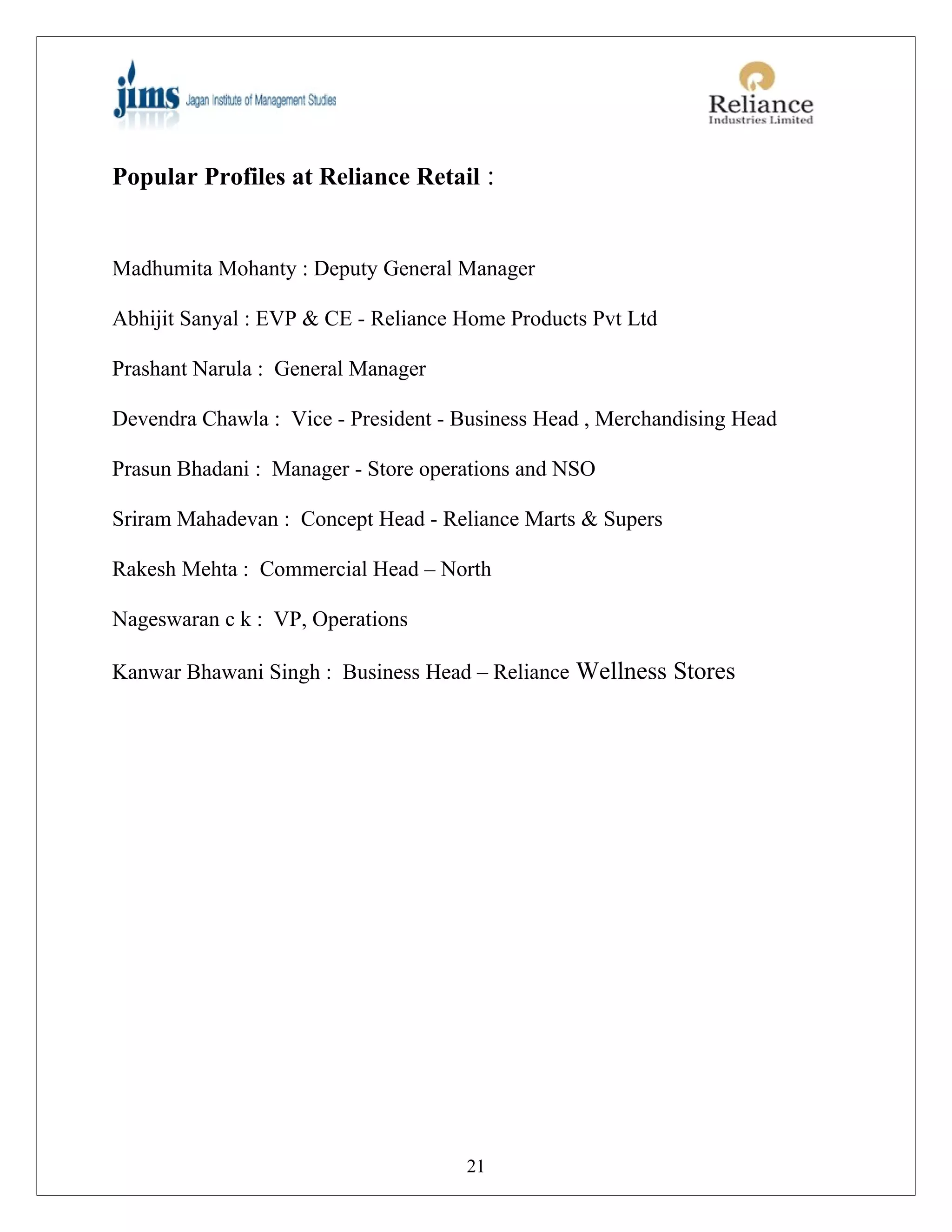 PROJECT ON RELIANCE RETAIL | DOC