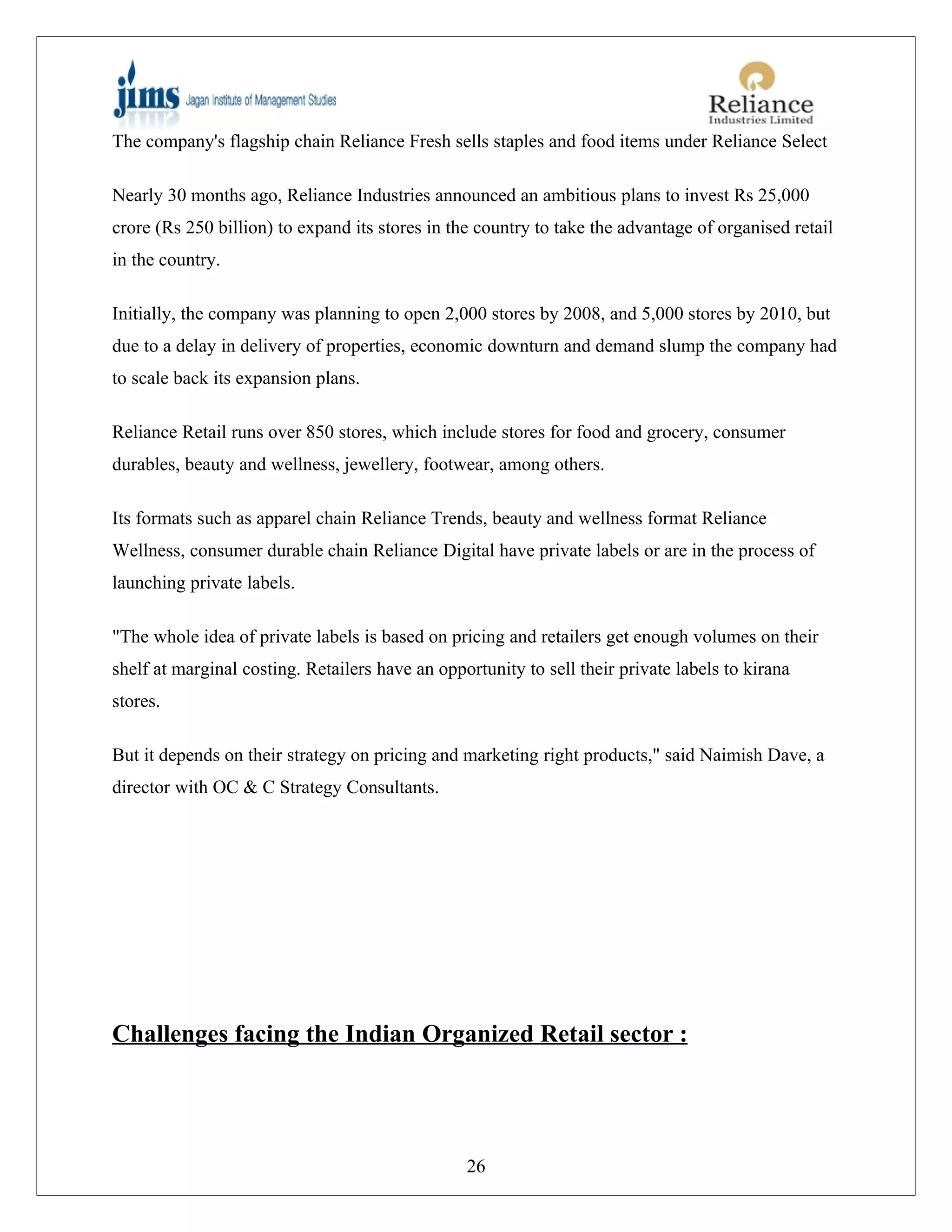 PROJECT ON RELIANCE RETAIL | DOC