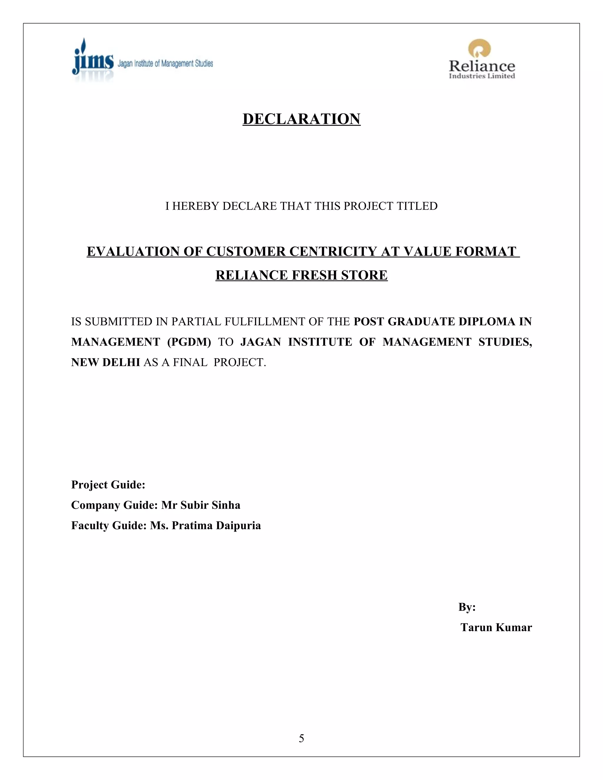 PROJECT ON RELIANCE RETAIL | DOC