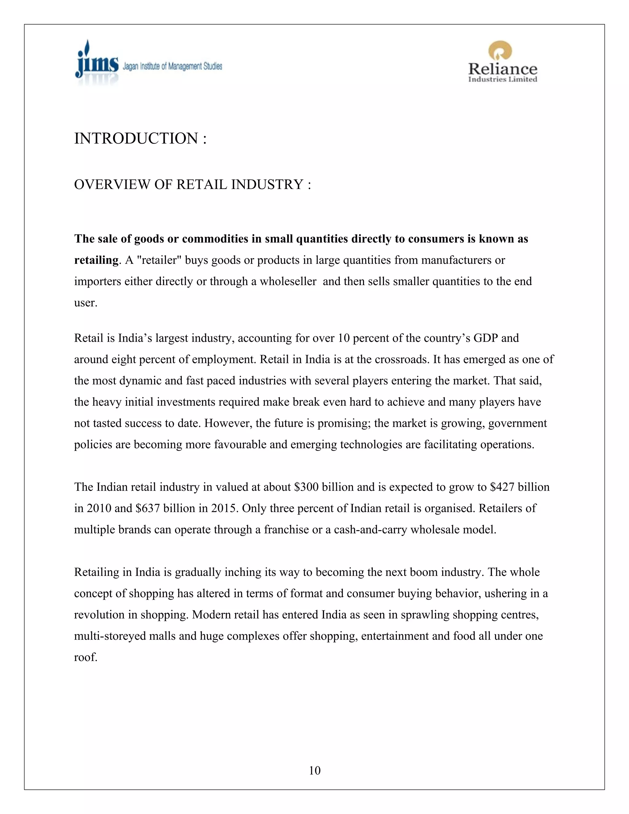 PROJECT ON RELIANCE RETAIL | DOC