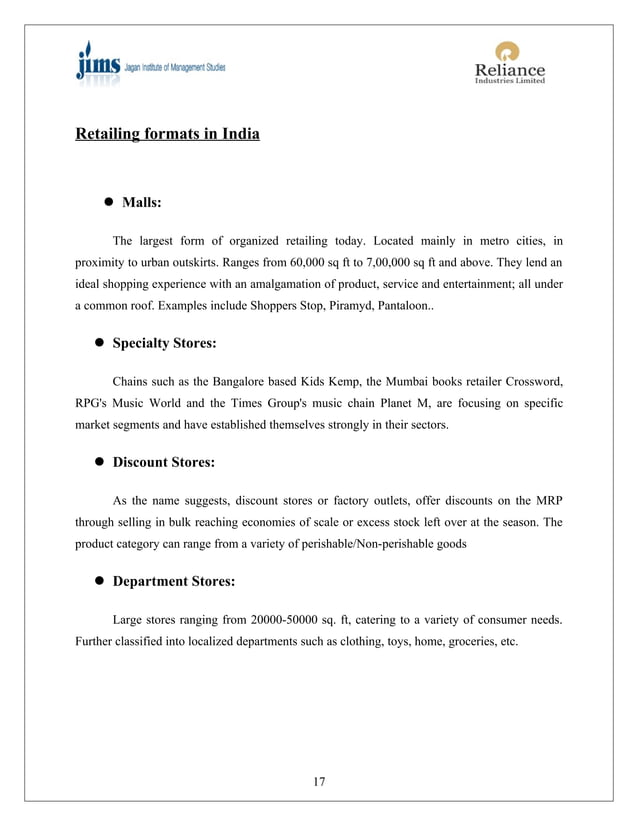 PROJECT ON RELIANCE RETAIL | DOC | Retail Industry | Industries