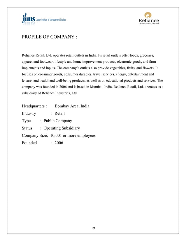 PROJECT ON RELIANCE RETAIL | DOC | Retail Industry | Industries