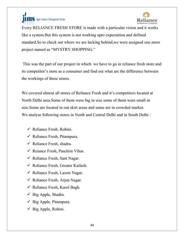 PROJECT ON RELIANCE RETAIL | DOC | Retail Industry | Industries