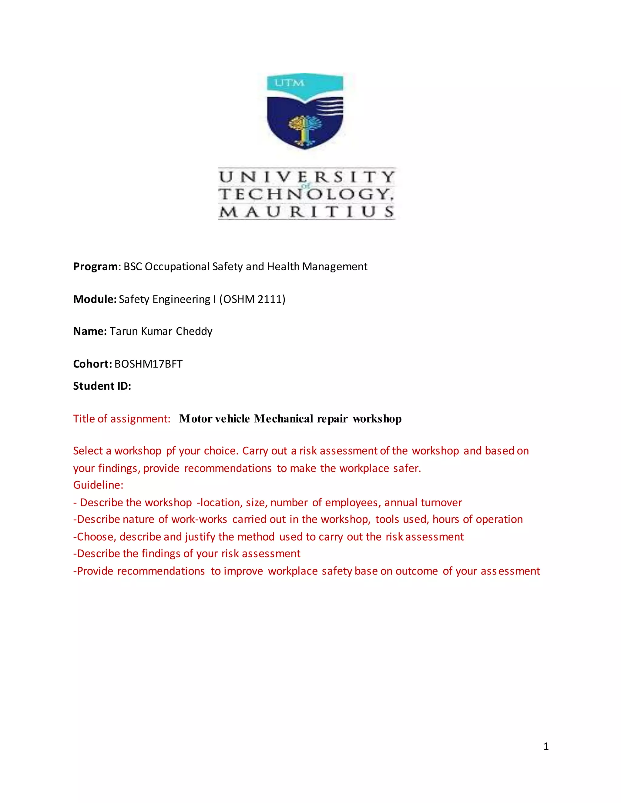 Motor vehicle Mechanical repair workshop Risk assessment, safety ...