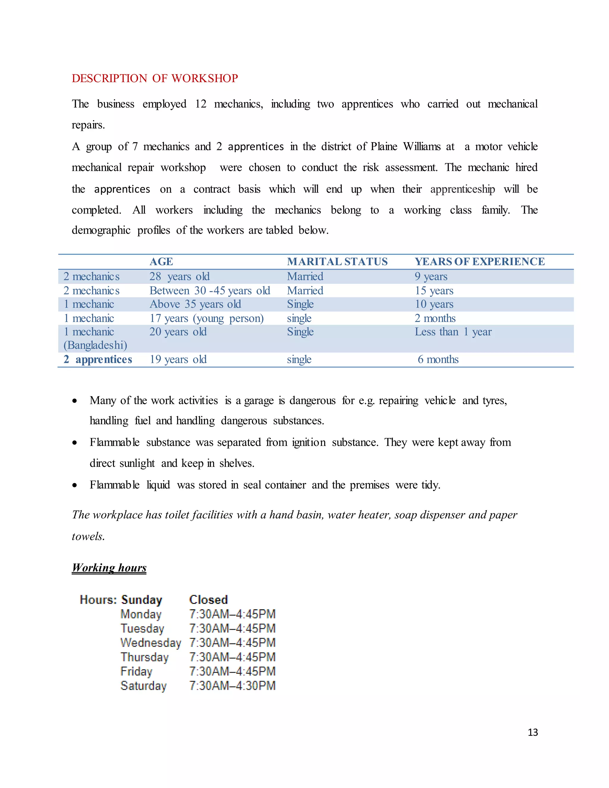 Motor vehicle Mechanical repair workshop Risk assessment, safety ...
