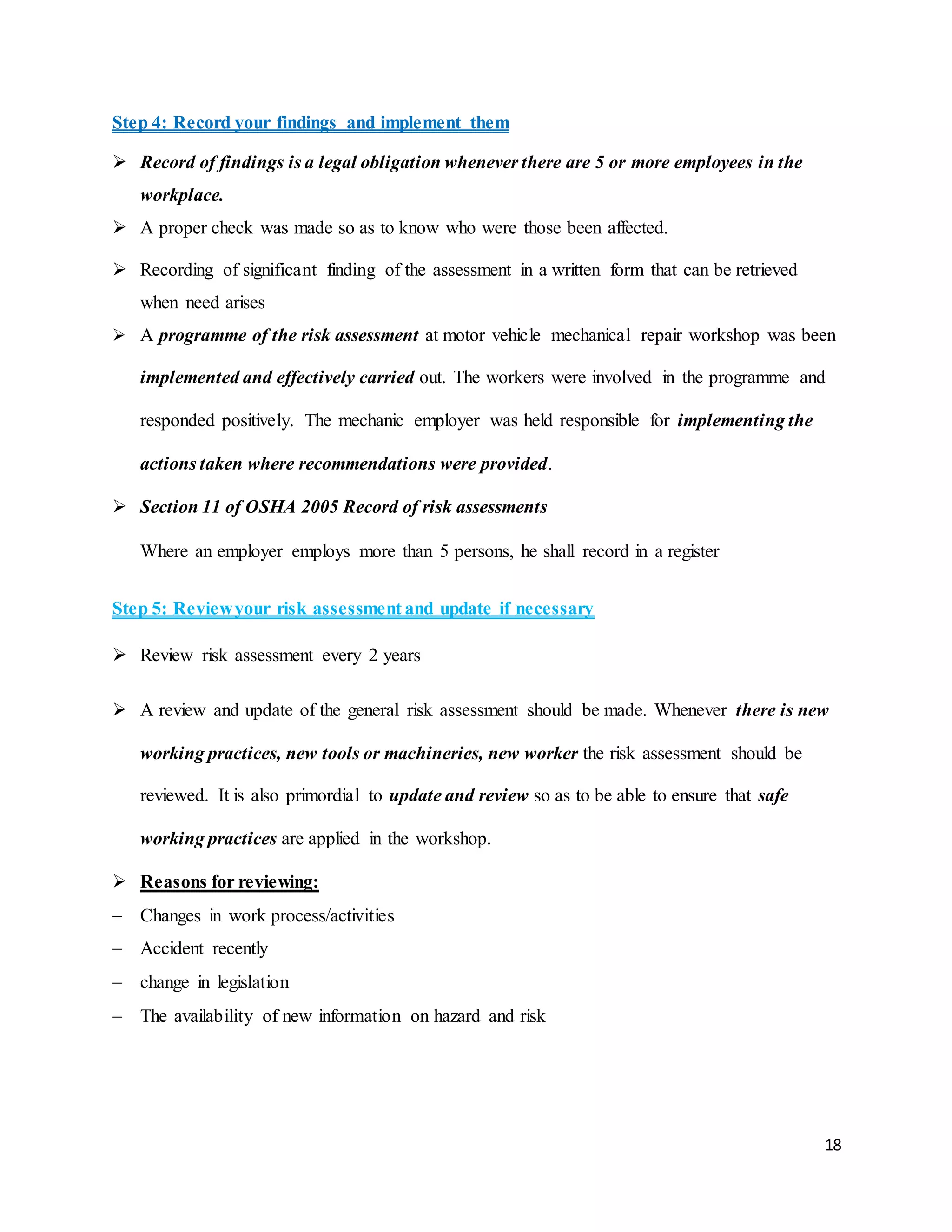 Motor vehicle Mechanical repair workshop Risk assessment, safety ...