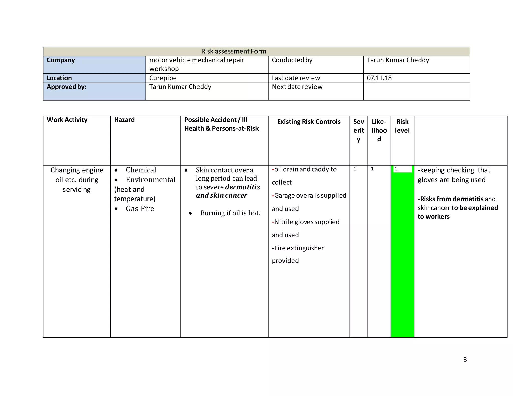 Motor vehicle Mechanical repair workshop Risk assessment, safety ...
