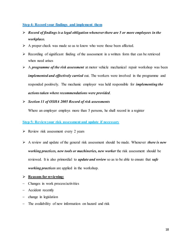 Motor vehicle Mechanical repair workshop Risk assessment, safety ...