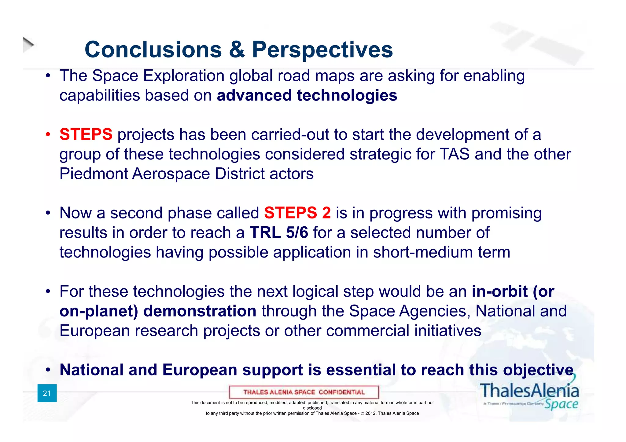 Exploration and Sciences Technologies in Thales Alenia Space towards ...