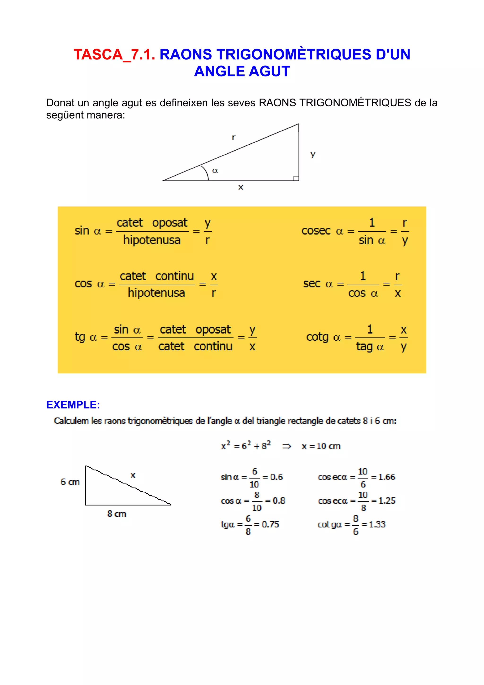 Tasca 7.1. raons trigonomètriques d'un angle agut | PDF