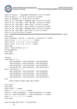 Pengurangan & Penjumlahan Matriks Array Menggunakan C++ | DOCX
