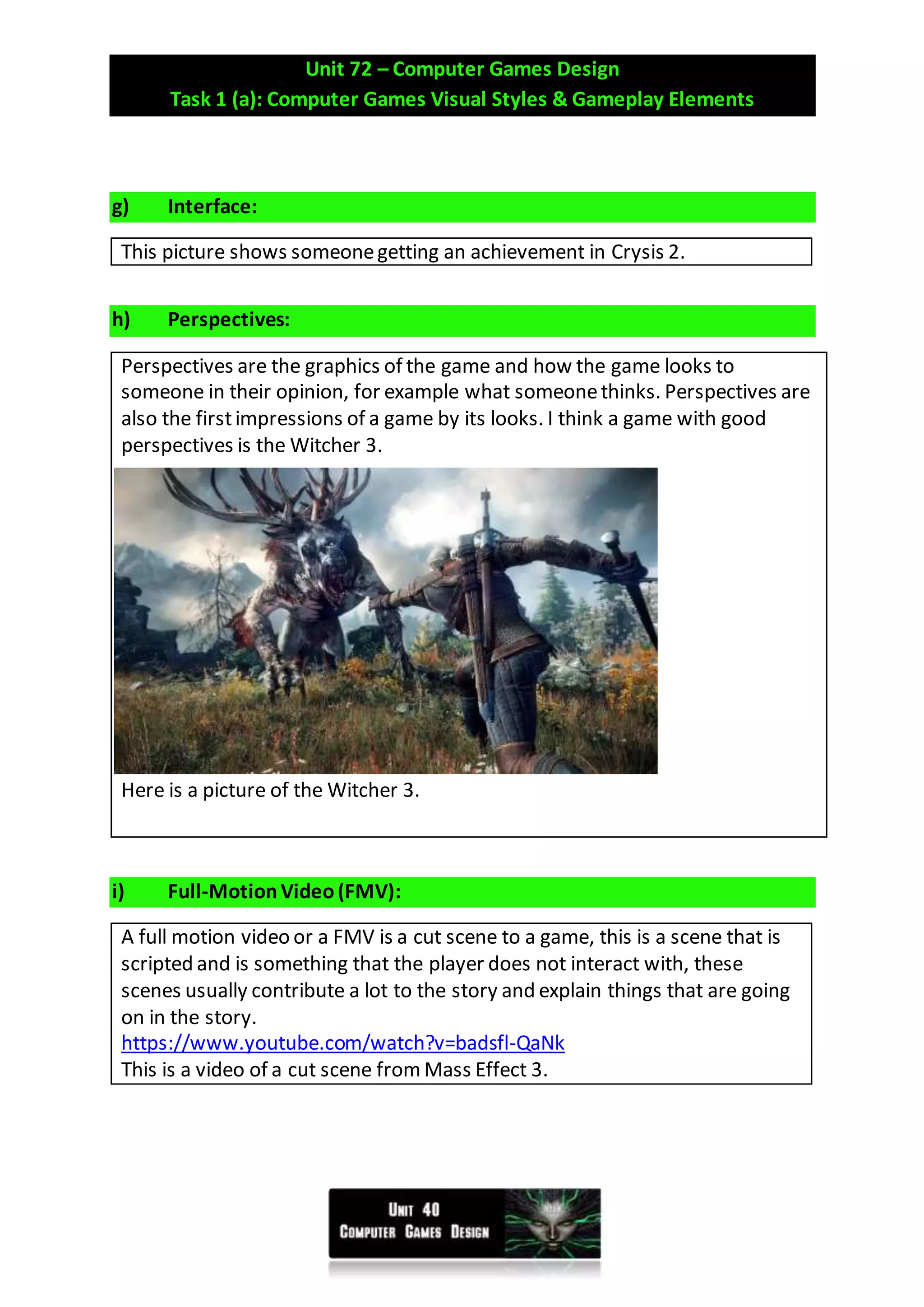 Task 1a unit 72 computer games - visual style gameplay elements (p1) | PDF