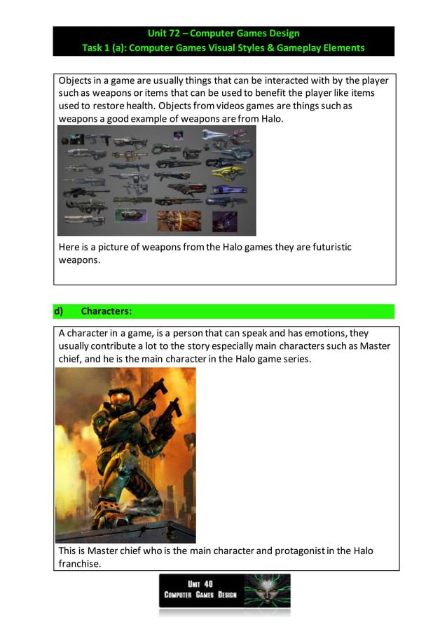 Task 1a unit 72 computer games - visual style gameplay elements (p1) | PDF