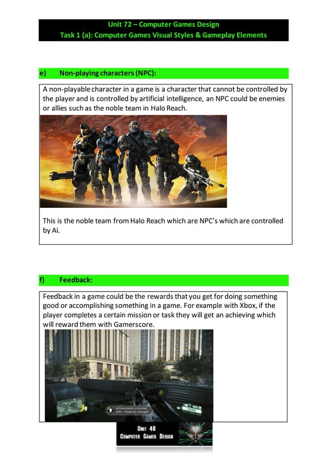 Task 1a unit 72 computer games - visual style gameplay elements (p1) | PDF