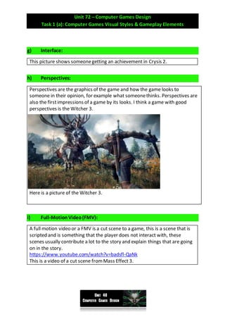 Task 1a unit 72 computer games - visual style gameplay elements (p1) | PDF