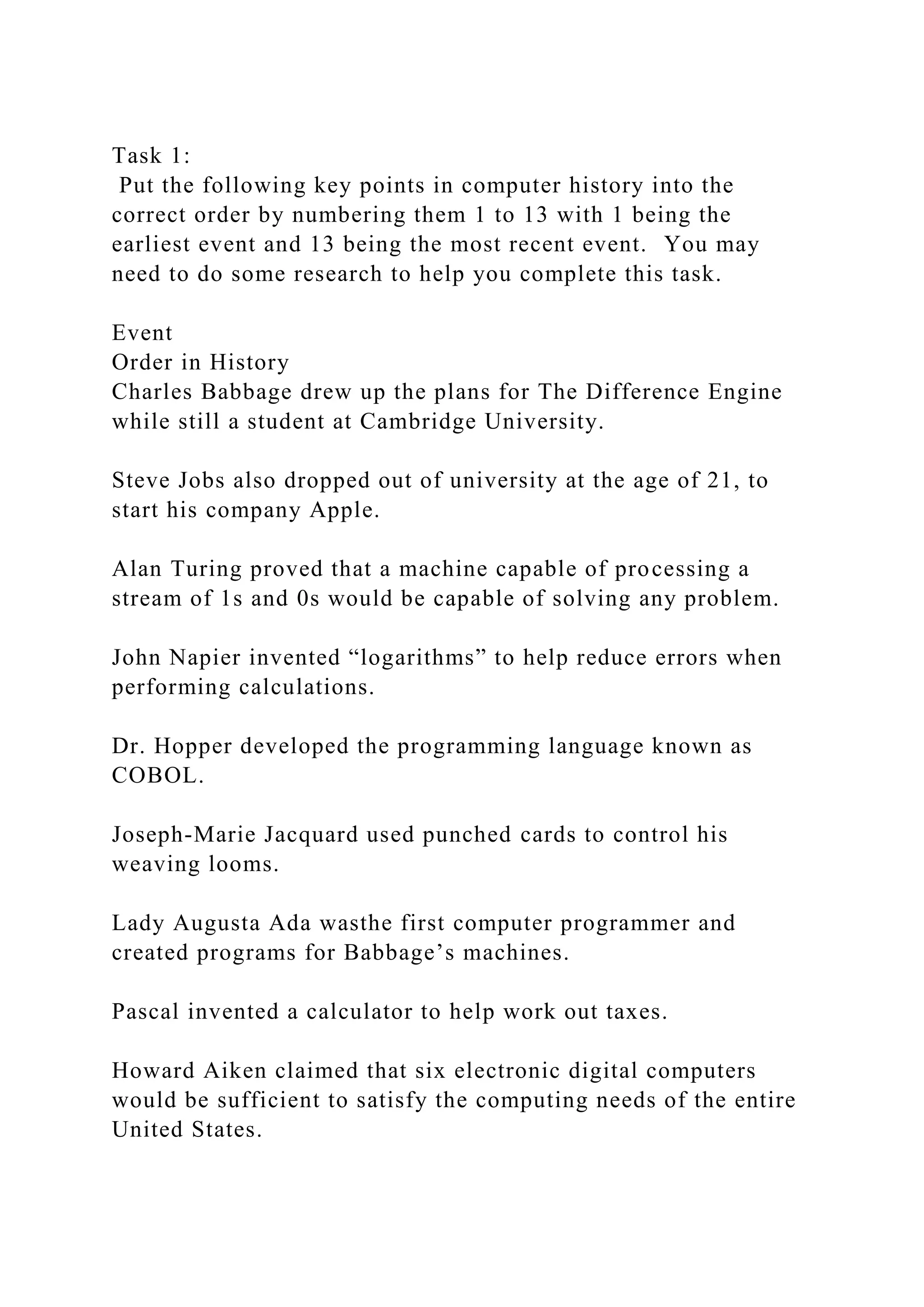 Task 1 Put the following key points in computer history into the .docx