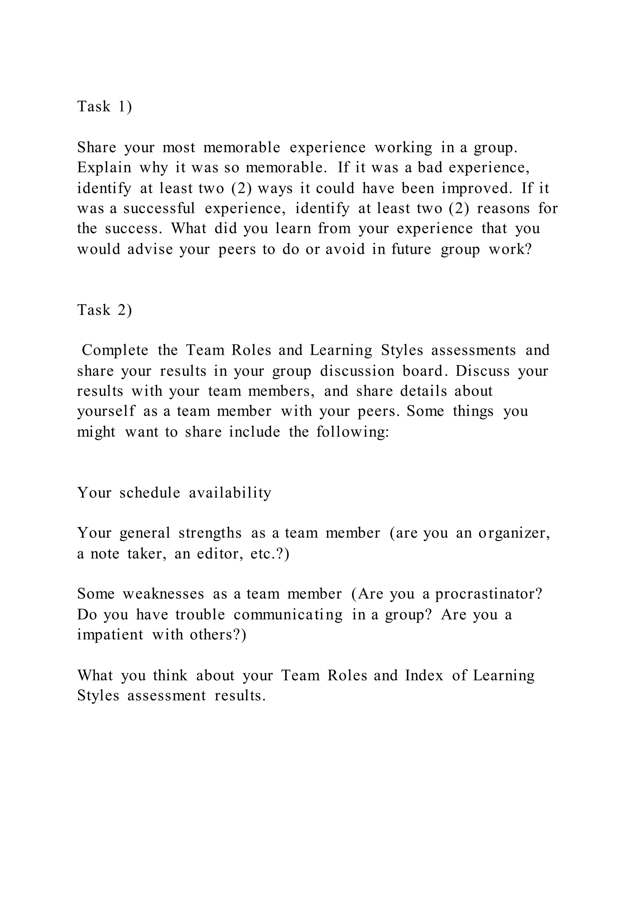 Task 1) share your most memorable experience working in a group. | DOCX