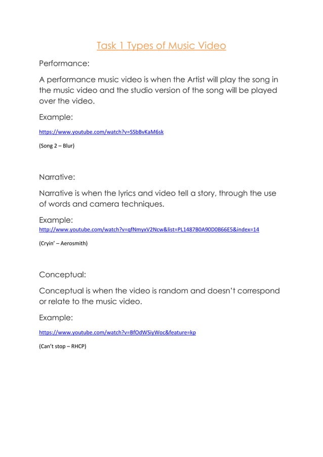 Types of music video | DOCX