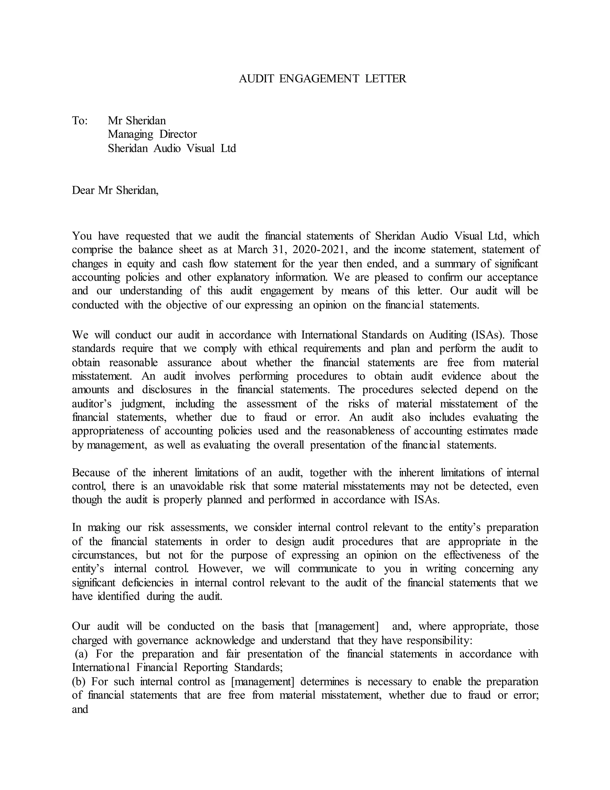 Task 2 audit engagement letter | PDF