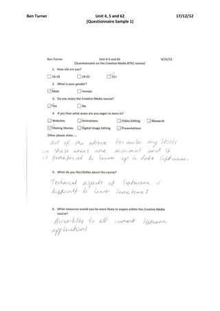 Task 2bii questionnaire sample 1