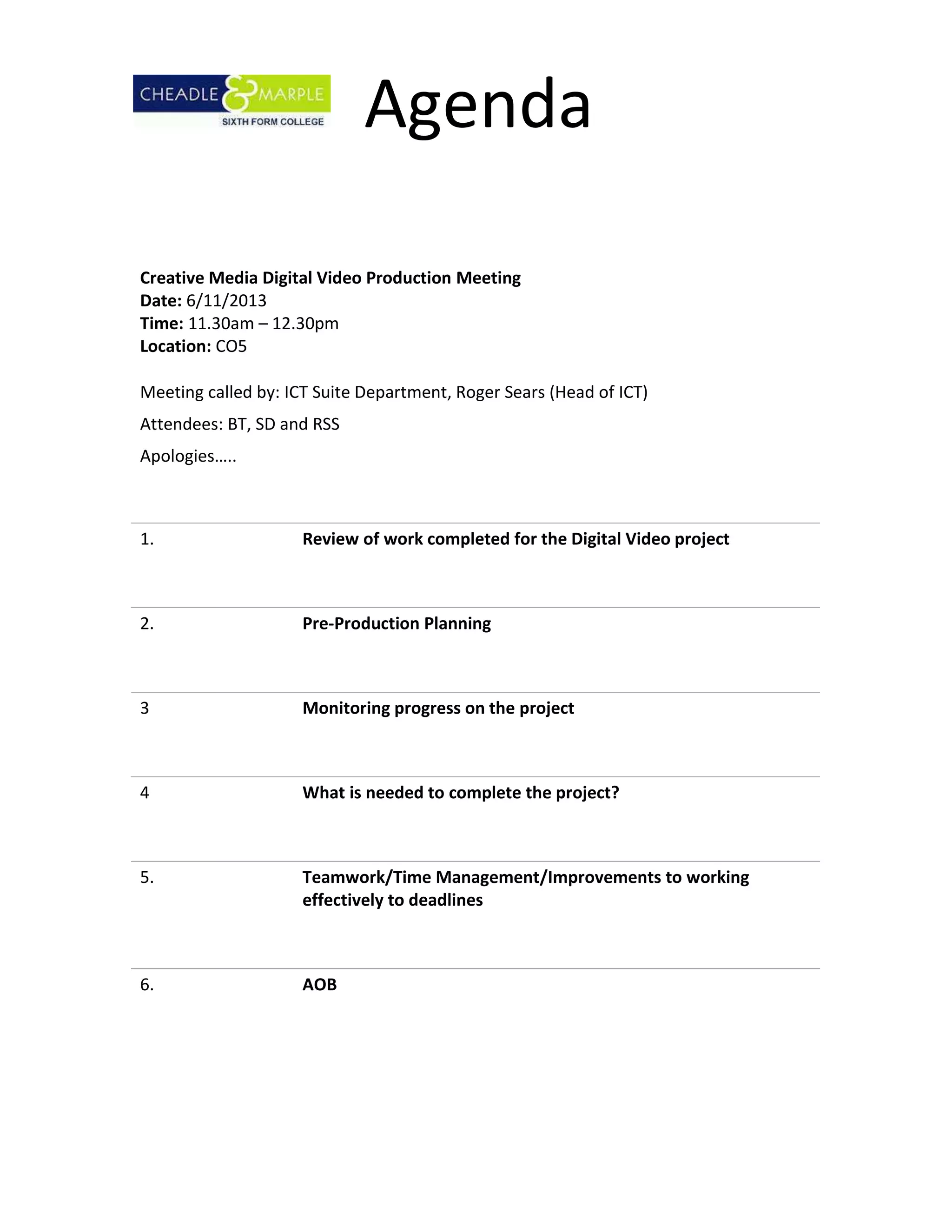 Task 4ii agenda - creative media digital video production meeting | DOCX