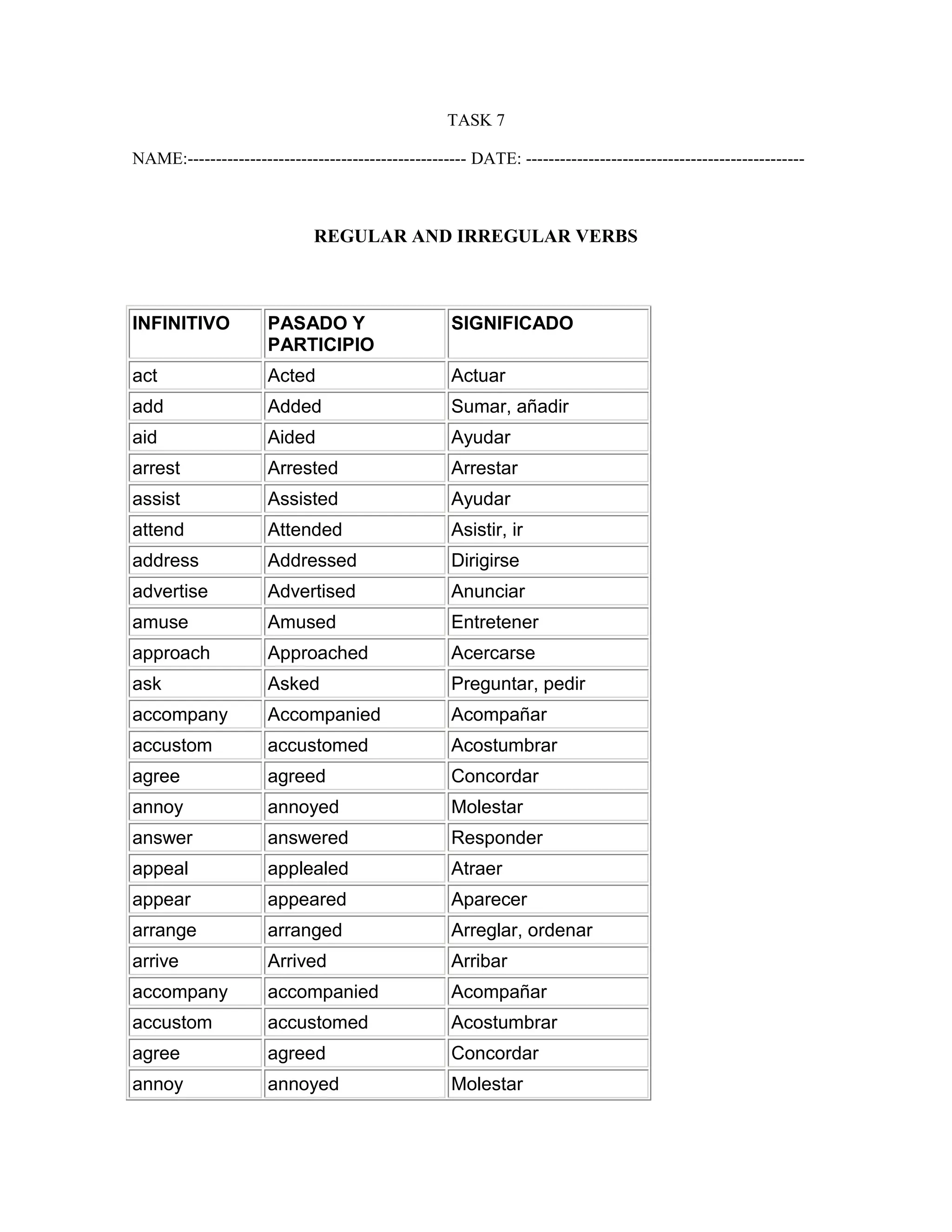 List of verbs | DOCX
