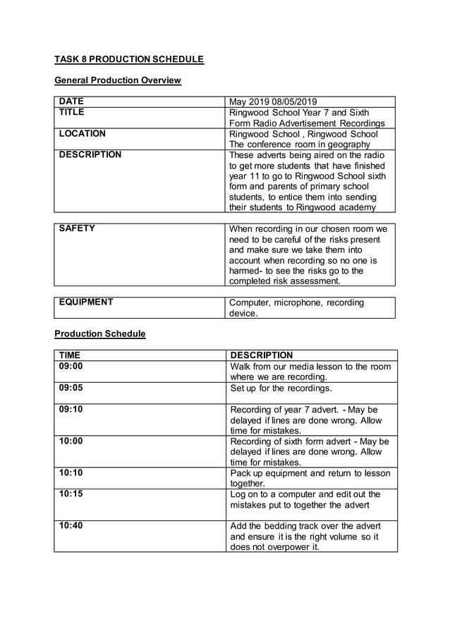 Task 8 production schedule (part 2) | PDF