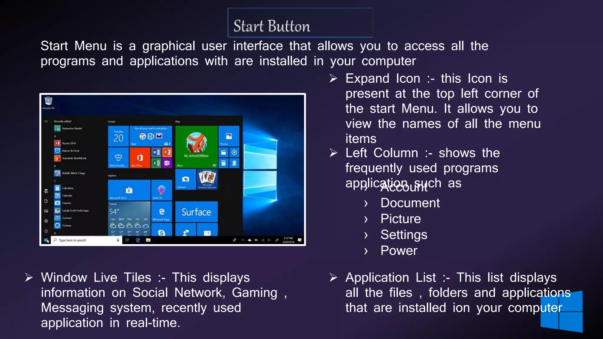 Task bar and start menu in window 10 - Class IV | PPTX