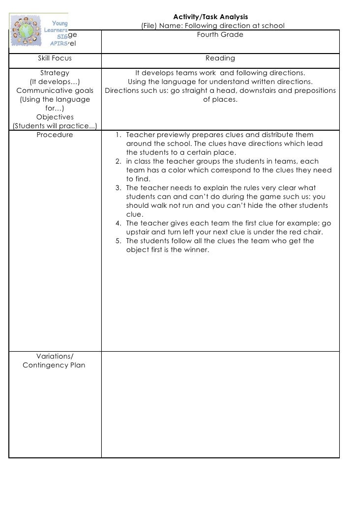 Task Chart Following Diredctions At School