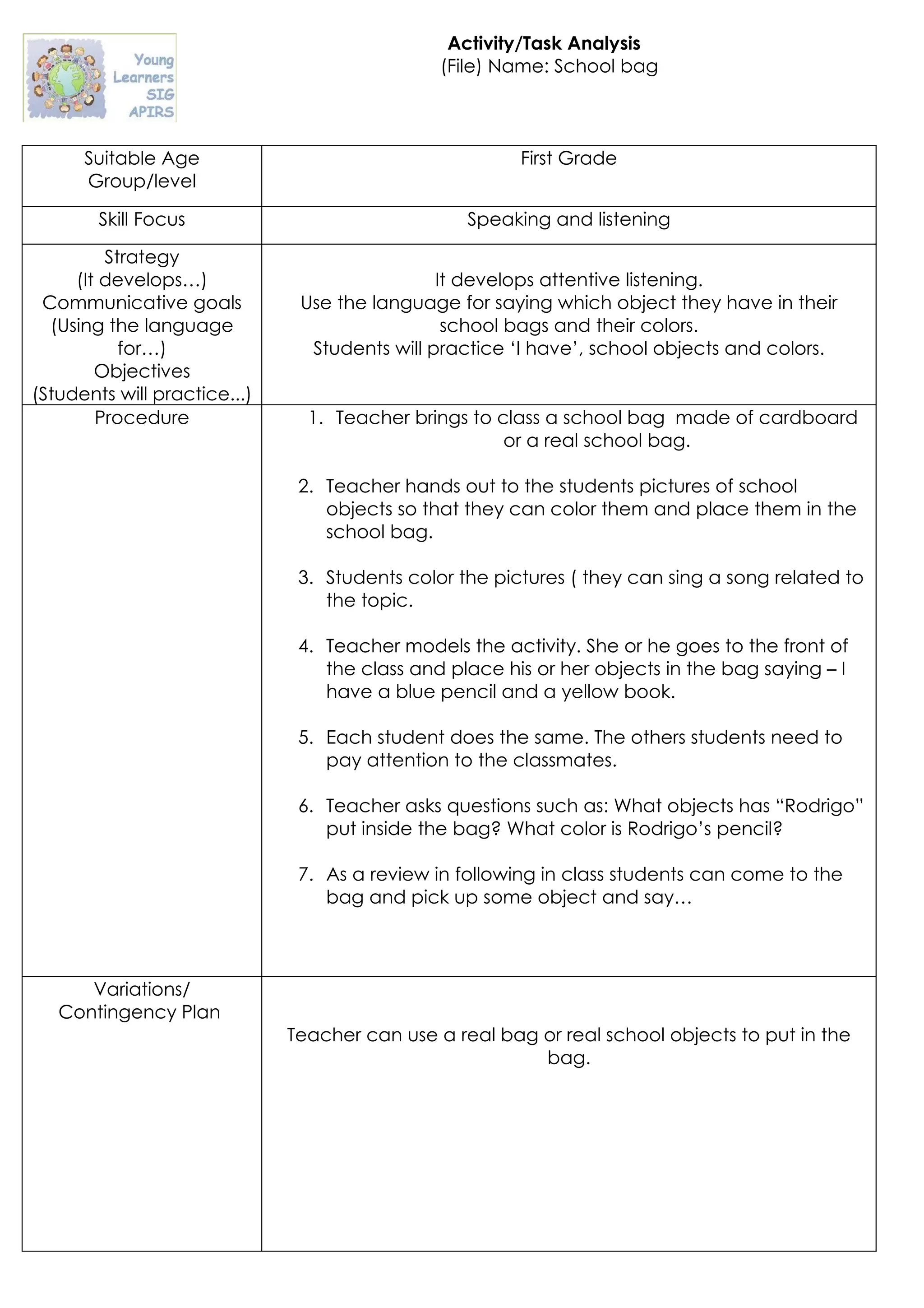 Task Chart School Bag | DOC