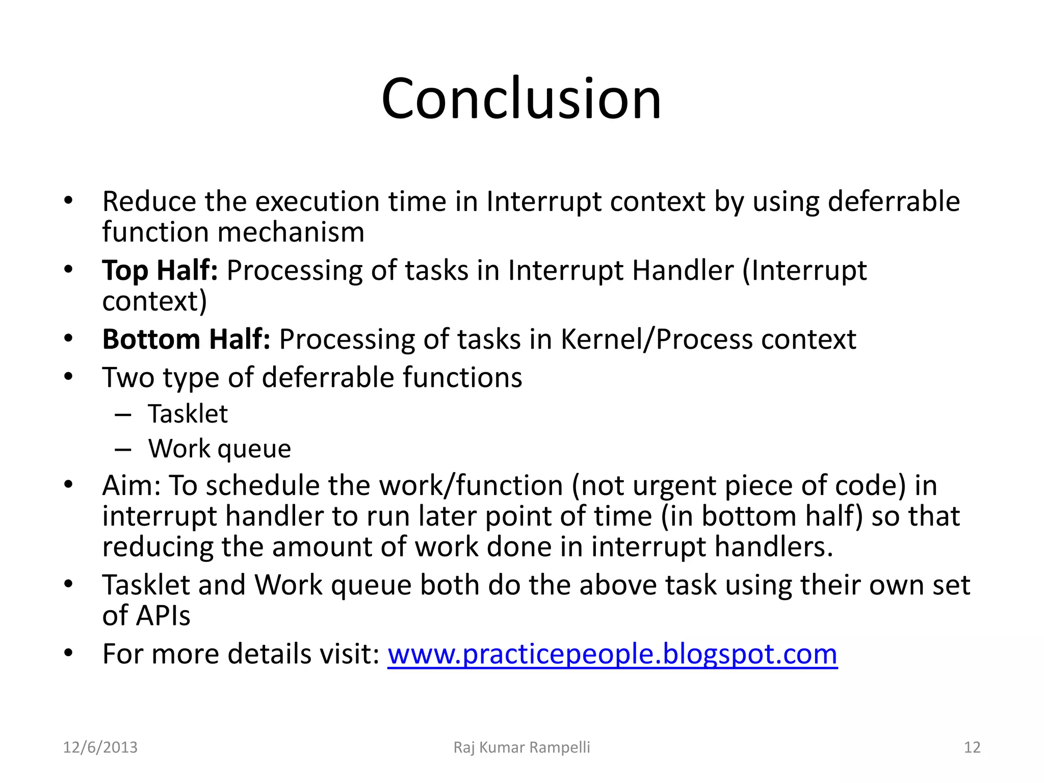 Tasklet vs work queues (Deferrable functions in linux) | PPTX