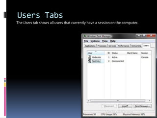 Taskmanager | PPTX | Operating Systems | Computer Software and Applications