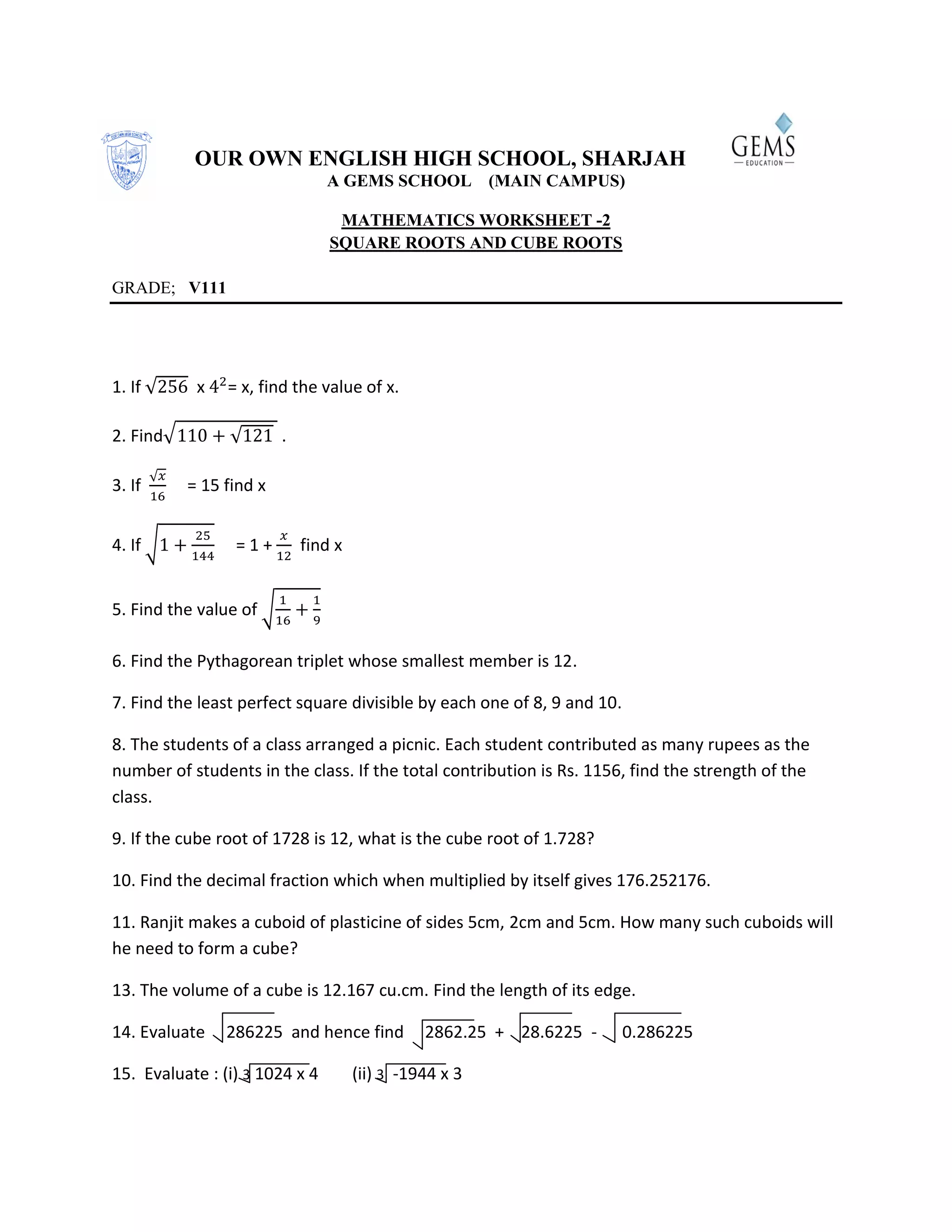 square roots and cube roots worksheet | PDF | Physics | Science