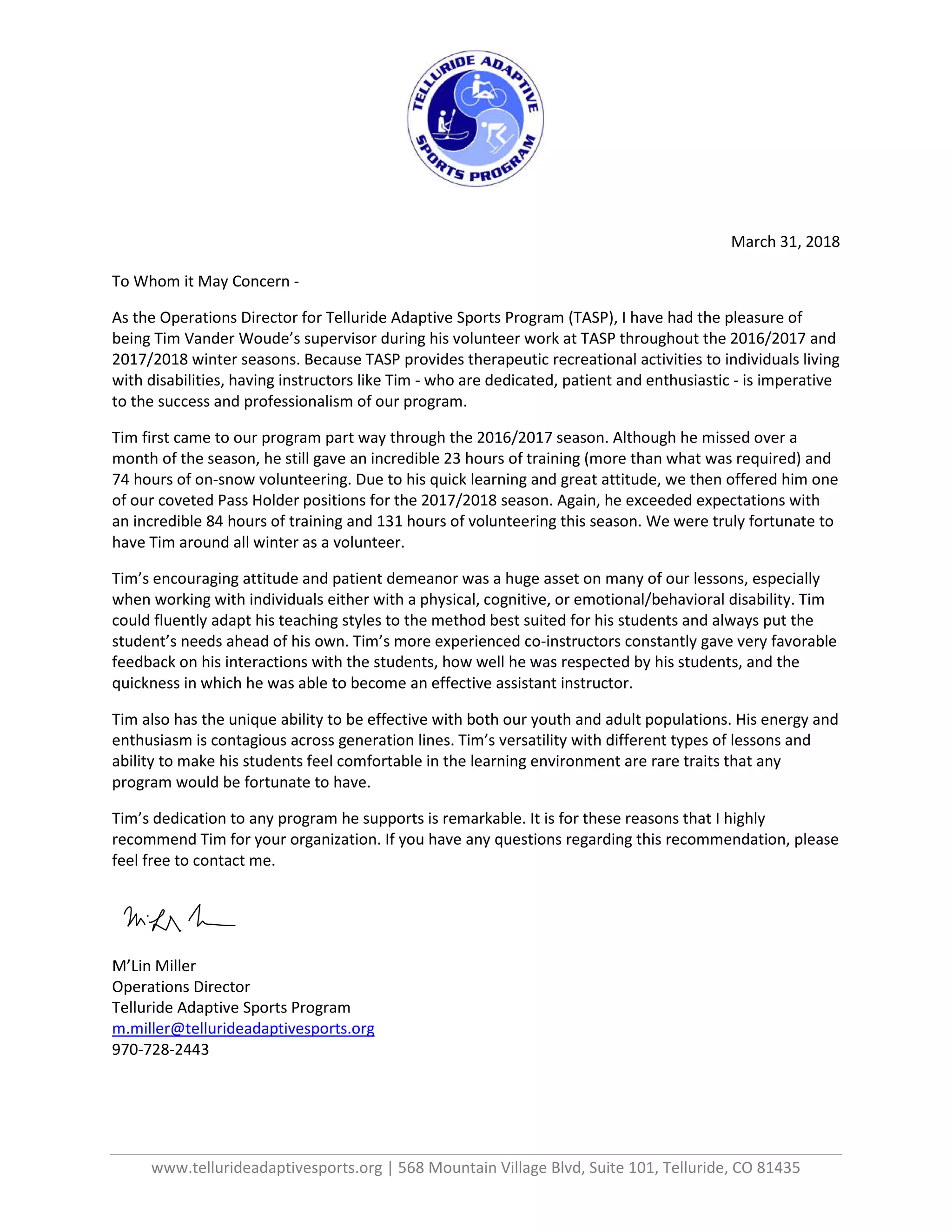 Telluride Adaptive Sports Program (TASP) Letter of Recommendation for ...