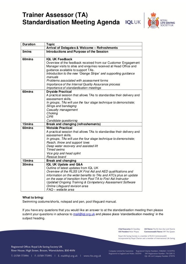 TA Standardisation Meeting schedule