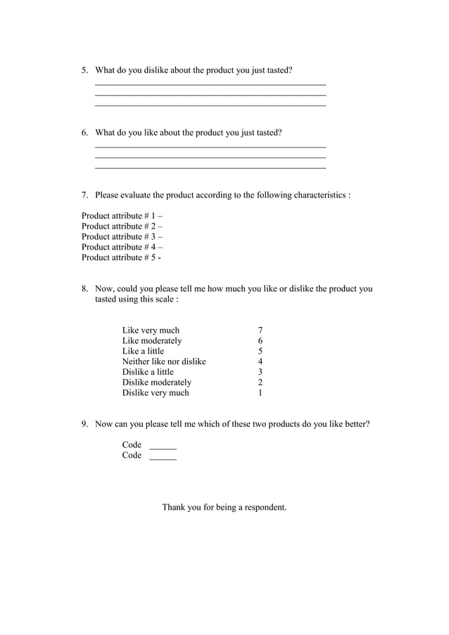Taste Test Questionnaire | DOCX | Science
