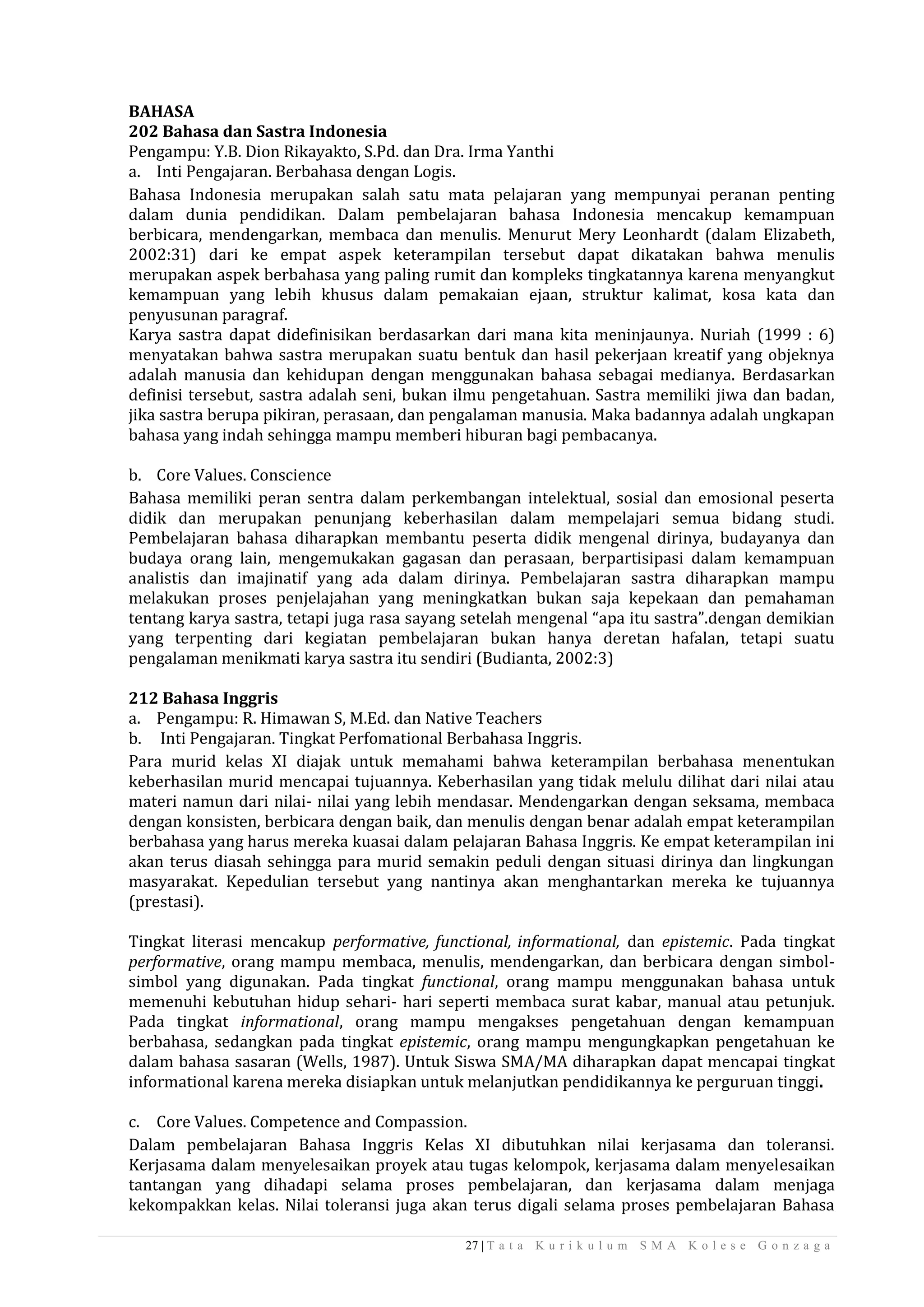 TATA KURIKULUM SMA KOLESE GONZAGA Tahun Pelajaran 2018/2019 | PDF
