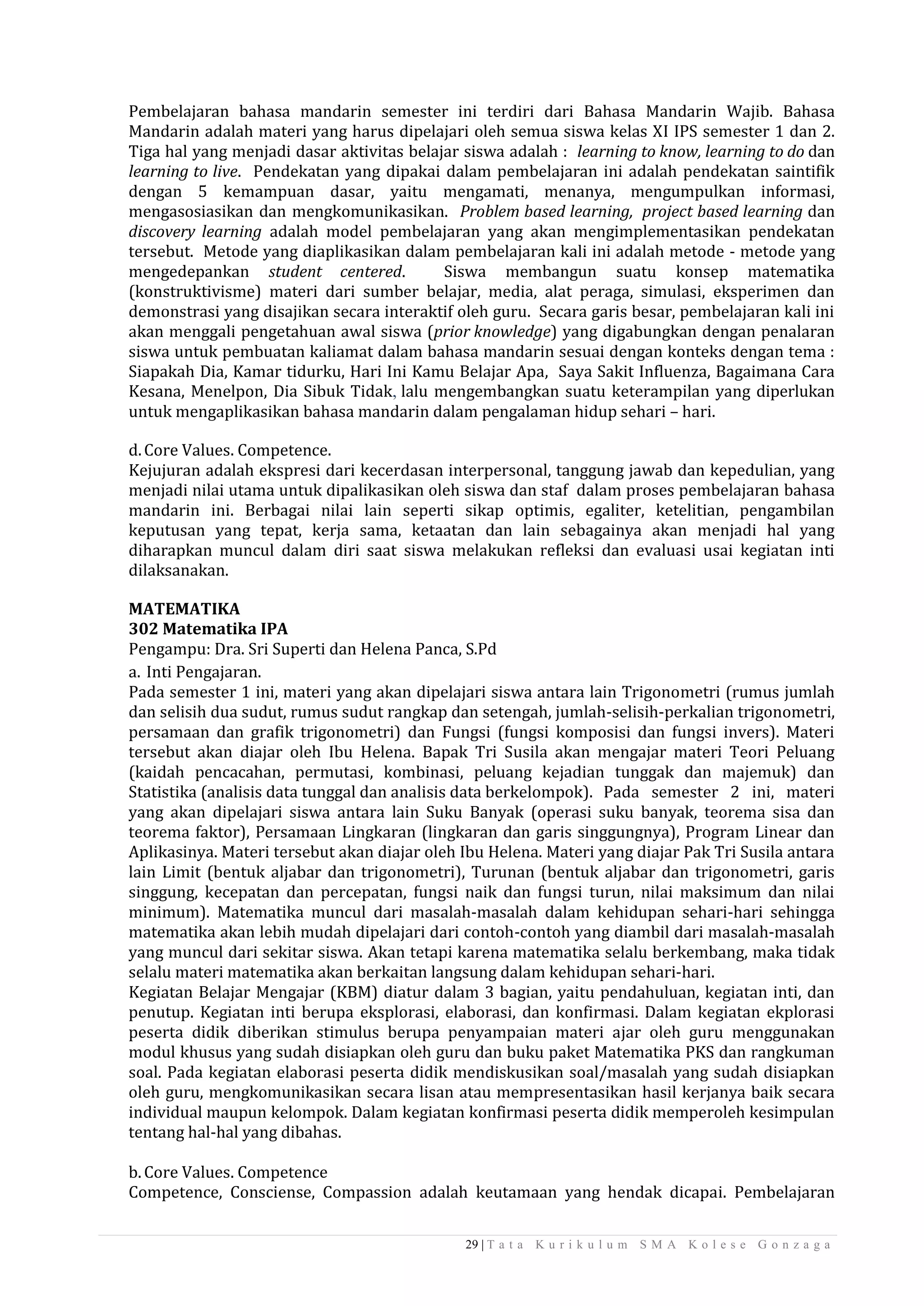 TATA KURIKULUM SMA KOLESE GONZAGA Tahun Pelajaran 2018/2019 | PDF