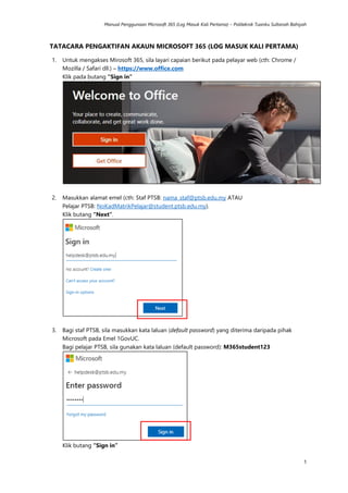 Tatacara pengaktifan kali_pertama_microsoft_365_ptsb | PDF
