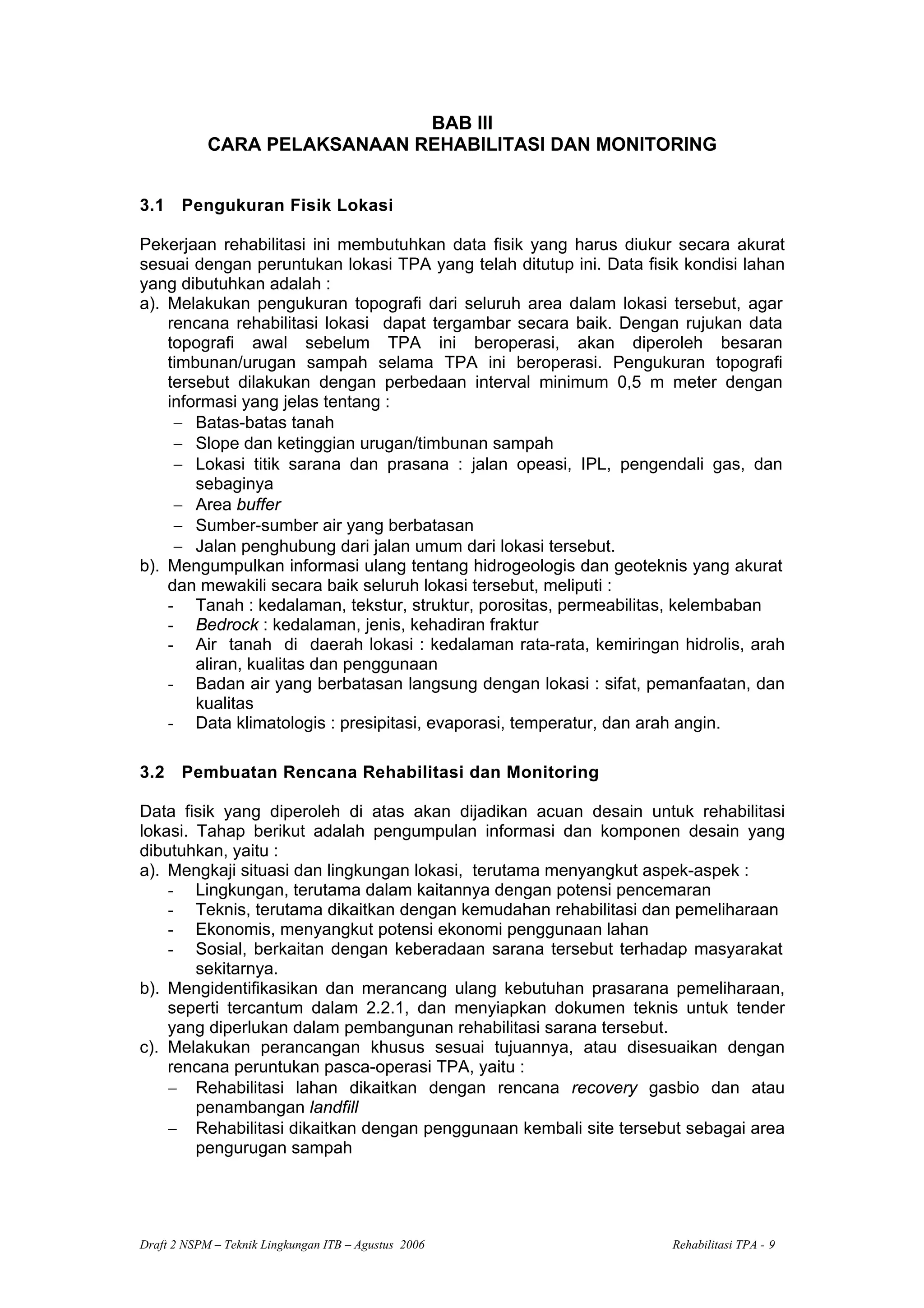 Tata cara rehabilitasi dan monitoring pasca penutupan tpa sampah | PDF