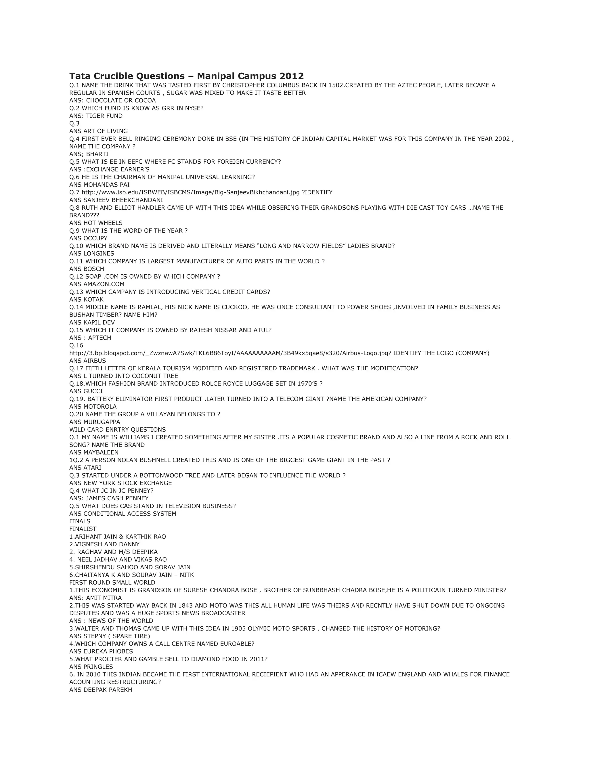 Tata crucible questions | DOCX