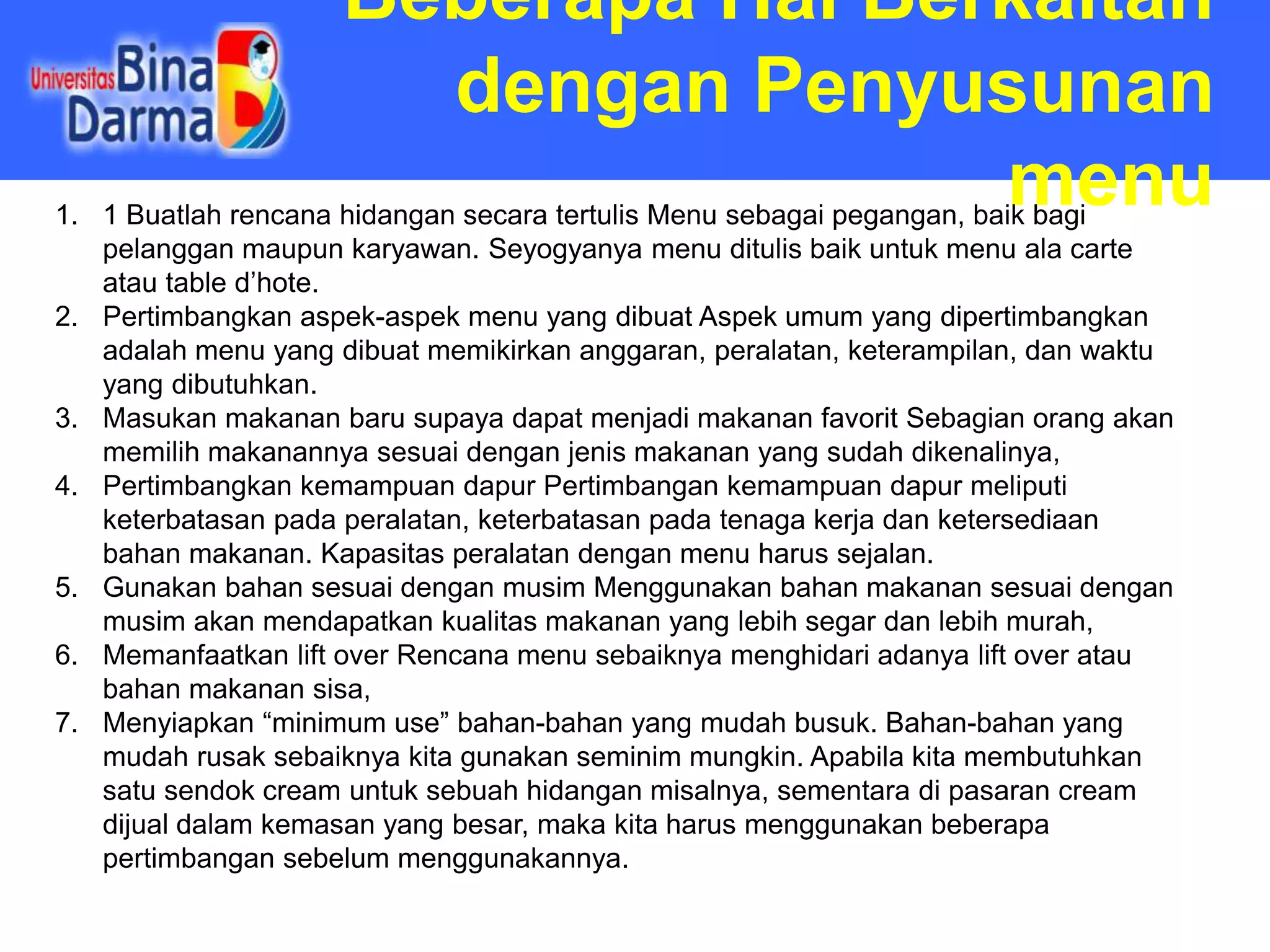 Tata Hidang Dasar Term 4 Memahami tentang menyiapkan menu hidangan 2 ...