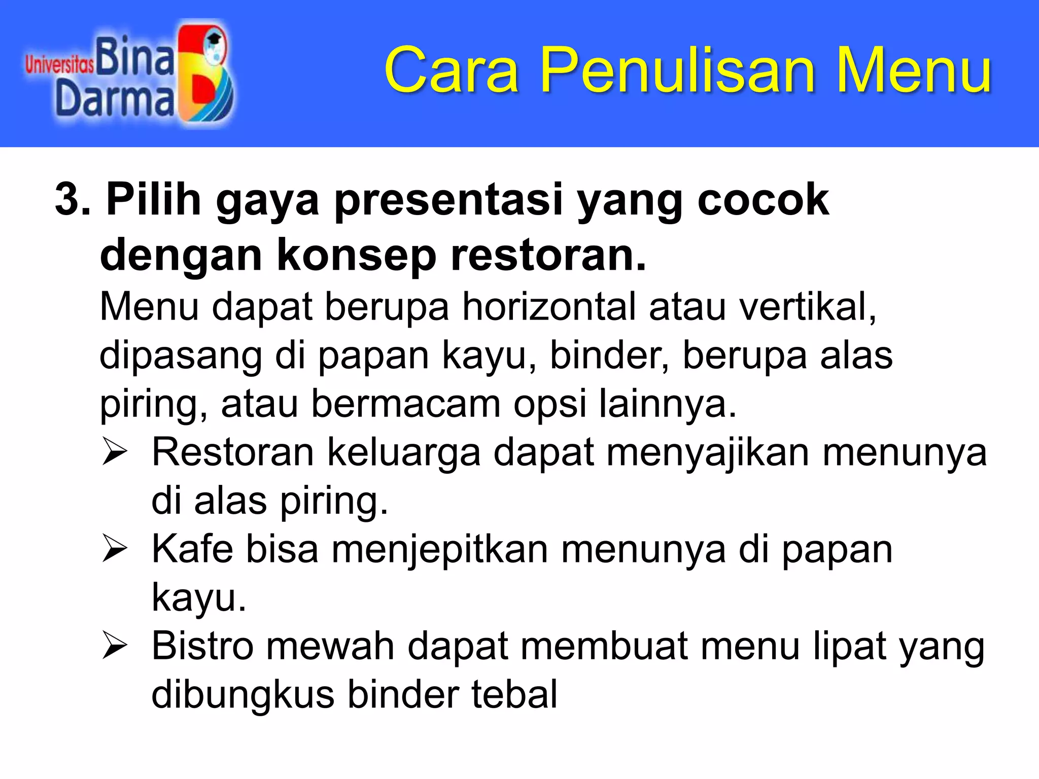 Tata Hidang Dasar Term 4 Memahami tentang menyiapkan menu hidangan 2 ...