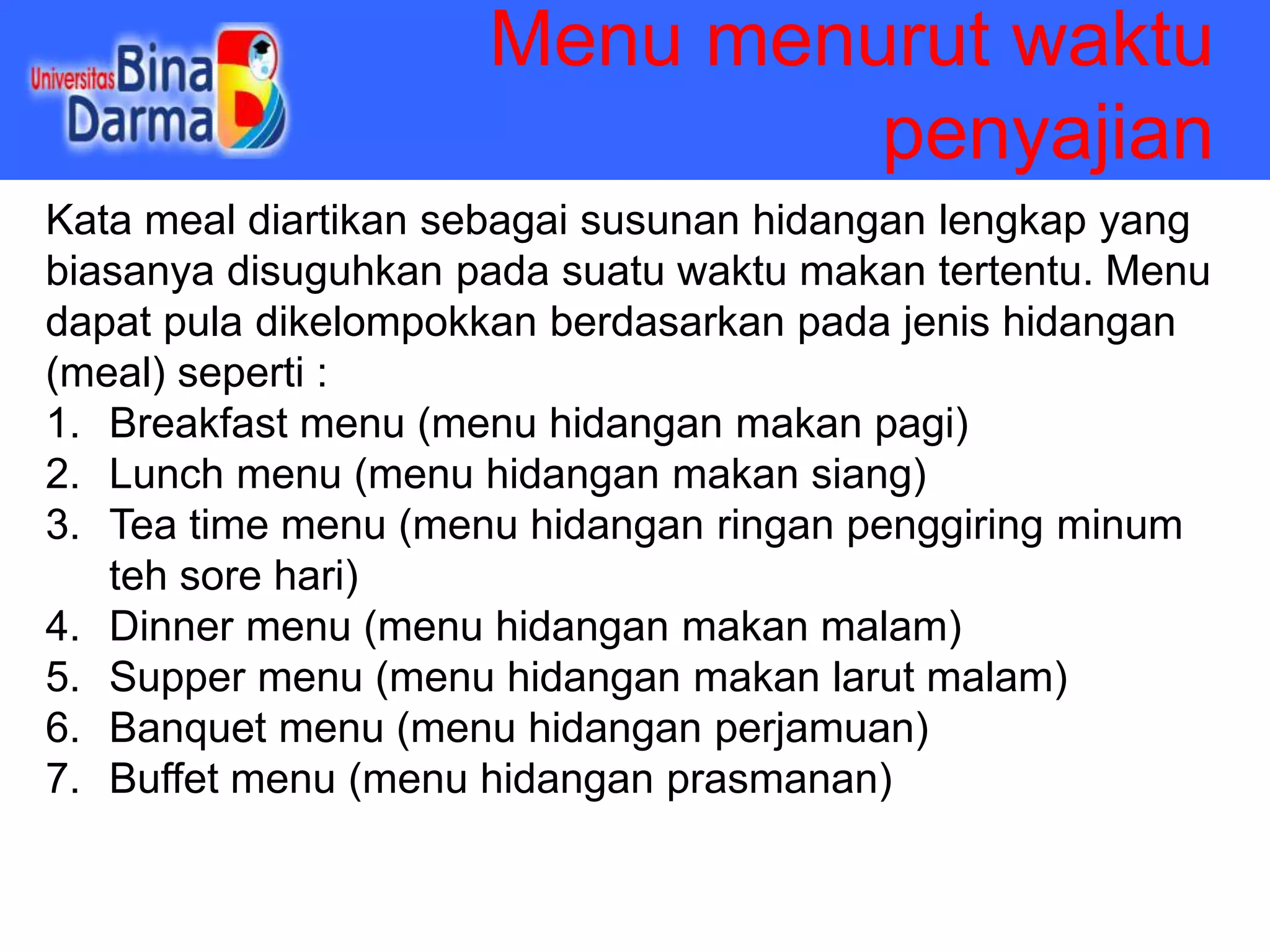 Tata Hidang Dasar Term 4 Memahami tentang menyiapkan menu hidangan 2 ...