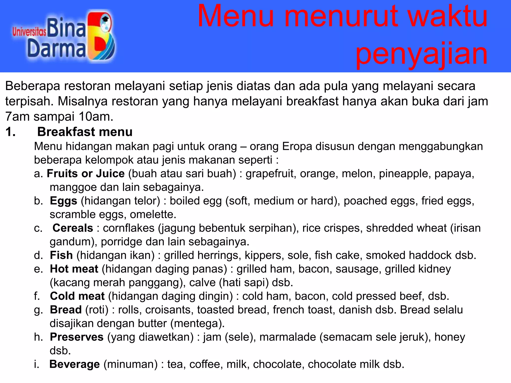 Tata Hidang Dasar Term 4 Memahami tentang menyiapkan menu hidangan 2 ...