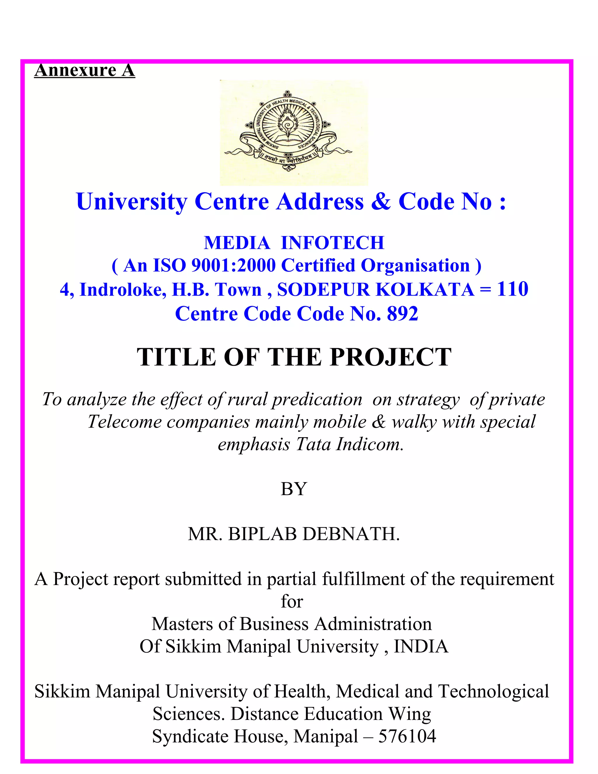 Tata indicom project | DOC | Telecommunications Industry | Industries