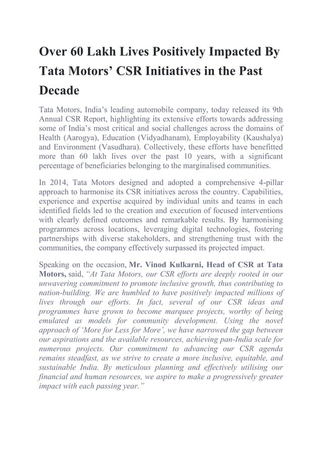 Tata Motors’ CSR Initiatives in the Past Decade | PDF