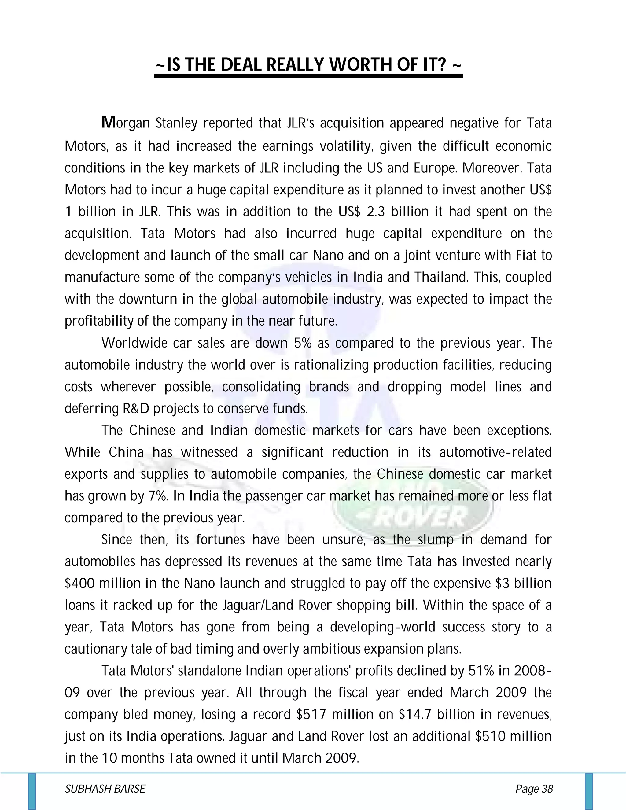 TATA ACQUIRES JAGUAR AND LAND ROVER | PDF